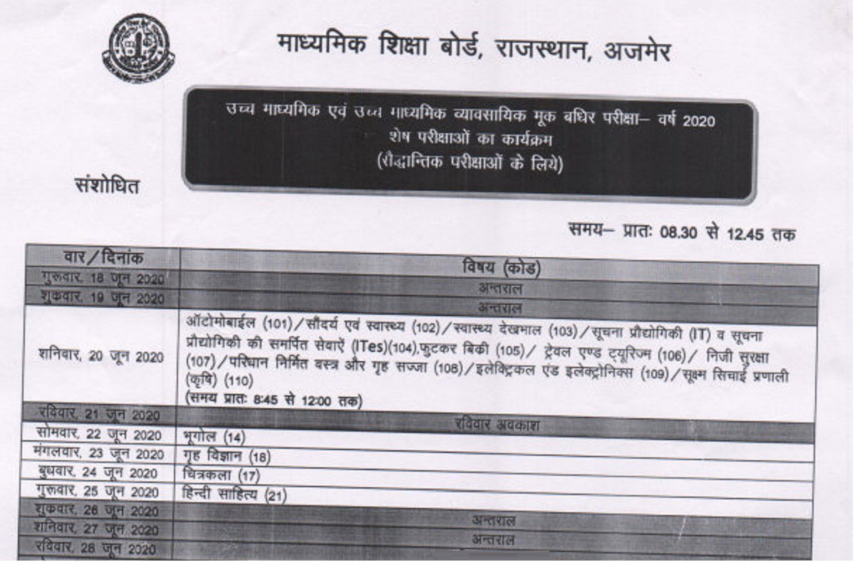 RBSE Class 10th 12th Remaining Exam Date Sheet 2020 New Time Table rbse-class-10th-12th-remaining-exam-date-sheet-2020-new-time-table